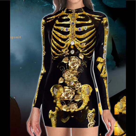 Dresses | New Halloween Skeleton Rose Print Mini Dress | Poshmark